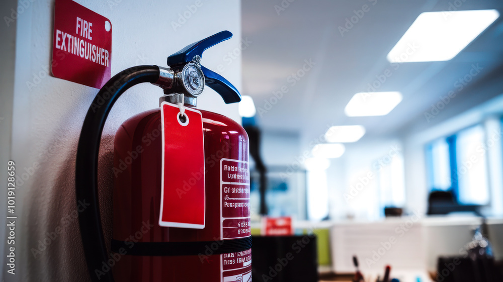 Red fire extinguisher mounted on office wall, clearly labeled ...