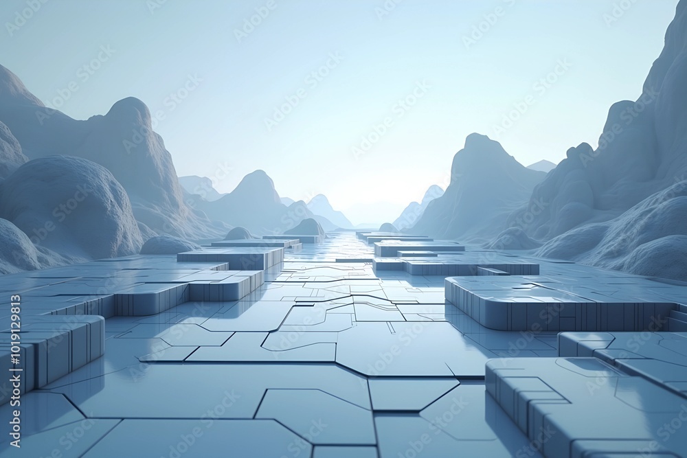 Futuristic high-tech landscape with abstract digital shapes in gray and ...