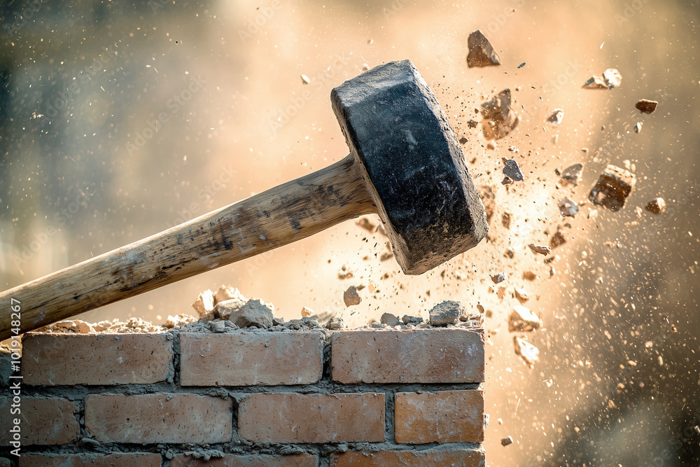 Demolition Hammer Breaking Brick Wall - Construction Industry Stock ...