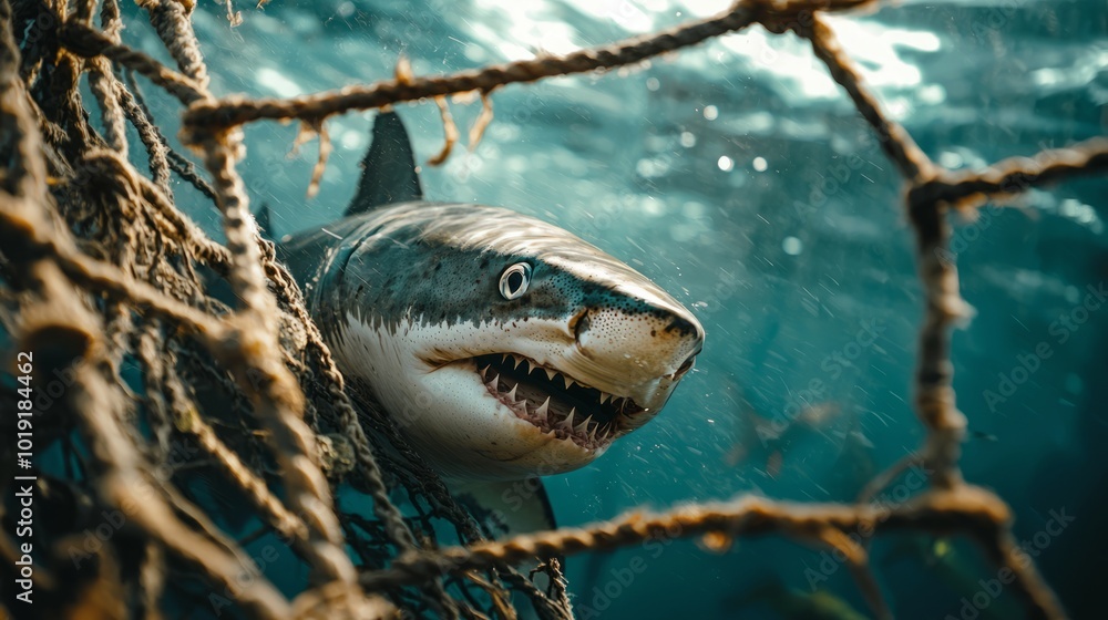 Great white shark trapped in a fishing net underwater with ropes Stock ...