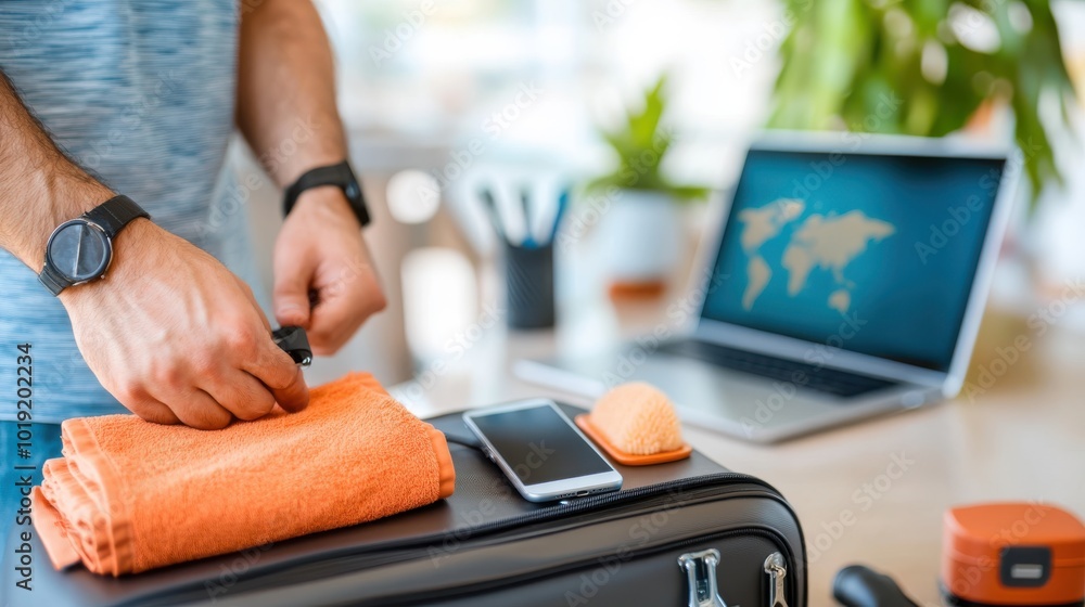 The image depicts someone preparing for a trip with essentials like a ...