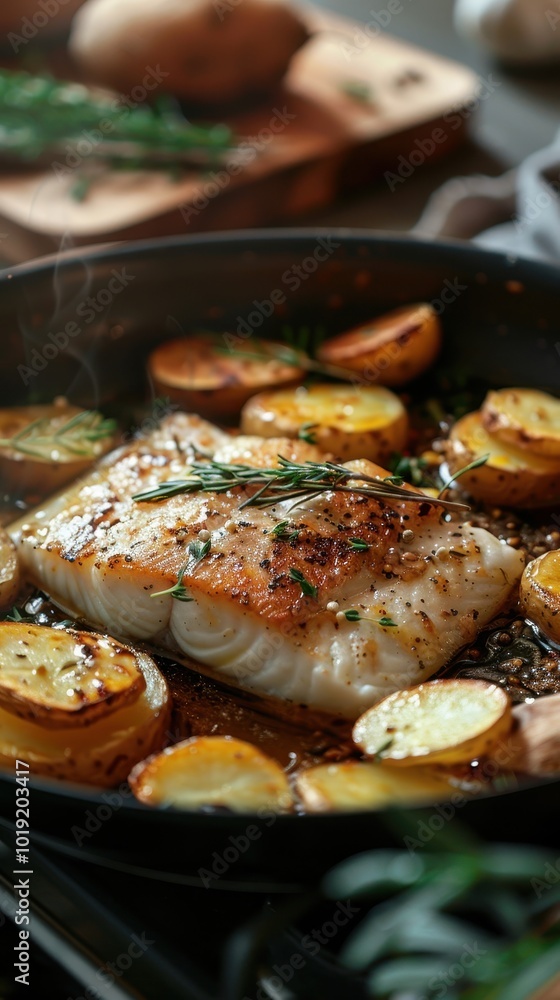 Sizzling fish fillet and potatoes in butter with fresh herbs on a ...