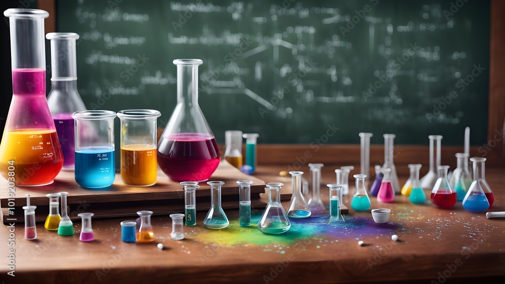 A collection of beakers filled with colorful liquids, powders, and ...