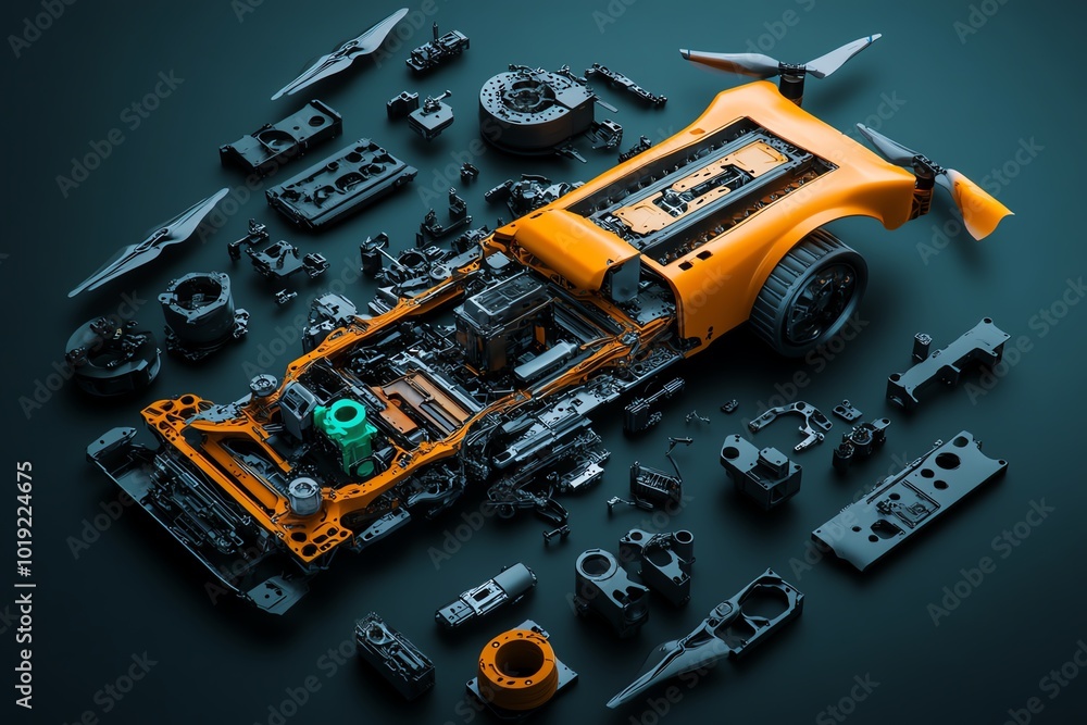 3D model of a disassembled drone, with each component digitally ...