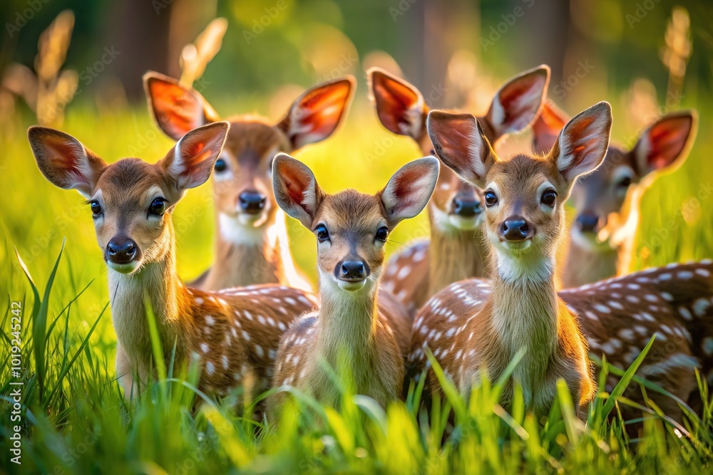 Adorable young fawns gather in a sun-drenched meadow, their large brown ...