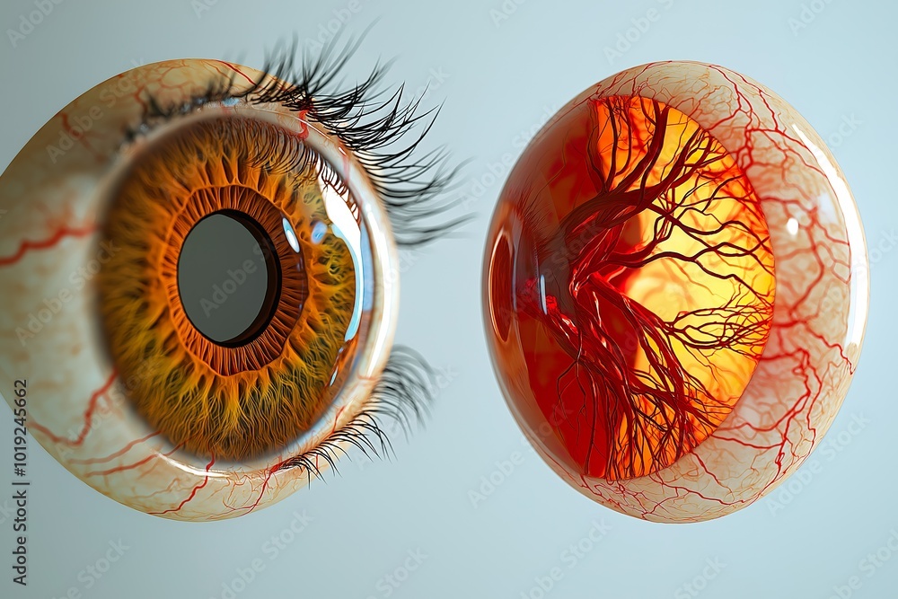 A detailed medical illustration comparing a healthy human eye on the ...