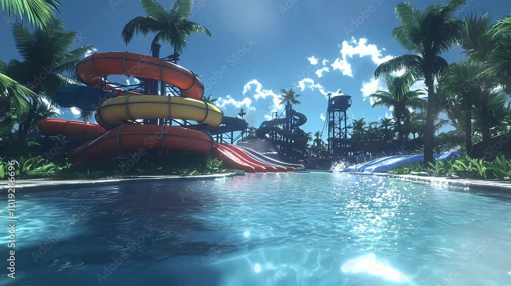 A colorful anime-style water park with twisting slides, a shimmering ...