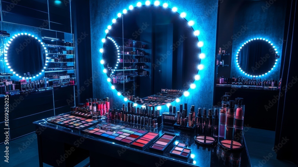 Brightly lit makeup counter with a large circular mirror, a variety of ...