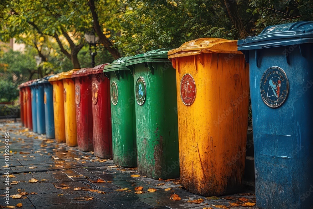 recycling bins line a wellmaintained city park each brightly colored ...