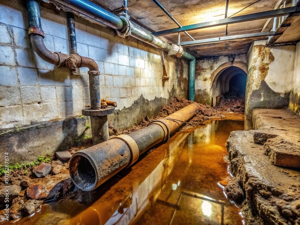 Clogged residential sewer pipe causes sewage backup and overflow in a ...