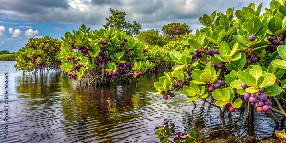 Dense foliage of Sea Grape trees with rounded leaves and purple berries ...