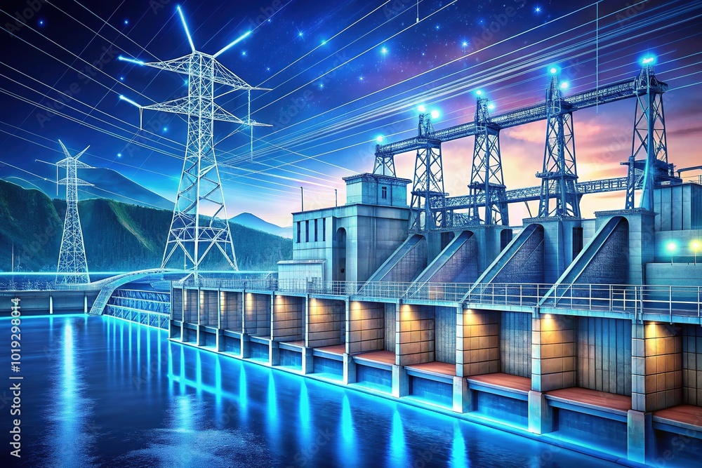 Illustrated blueprint of hydroelectric power plant with turbines ...