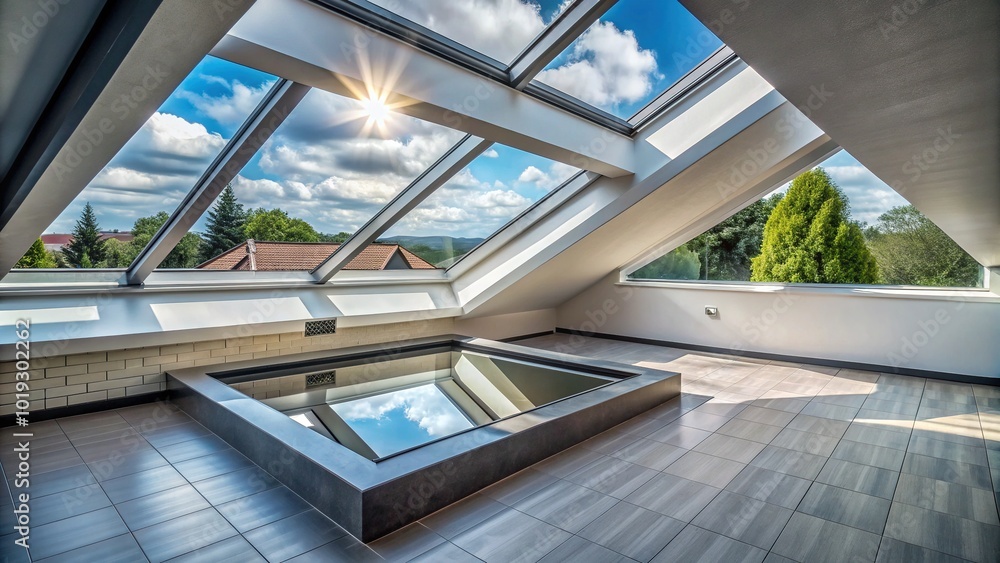Natural light pours through a modern skylight installed on a sleek ...