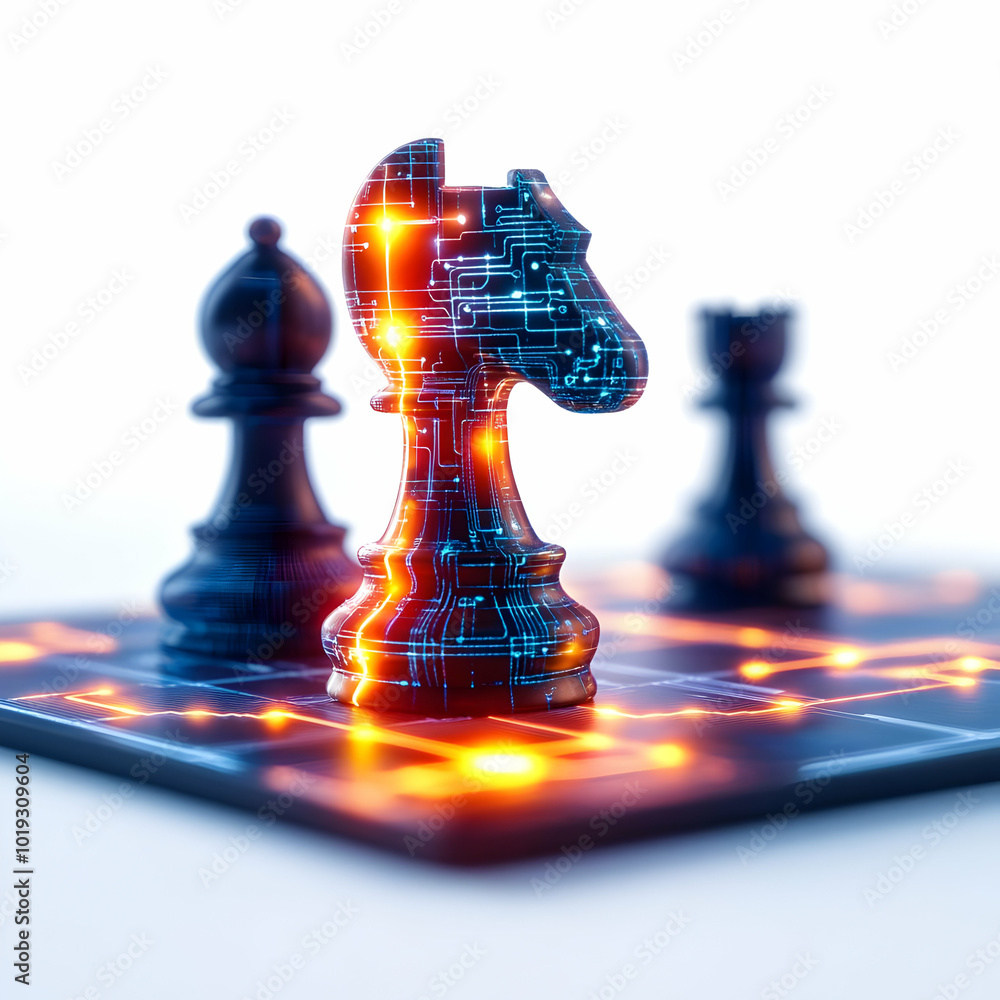 Digital chess pieces on a glowing board, showcasing a modern twist on ...