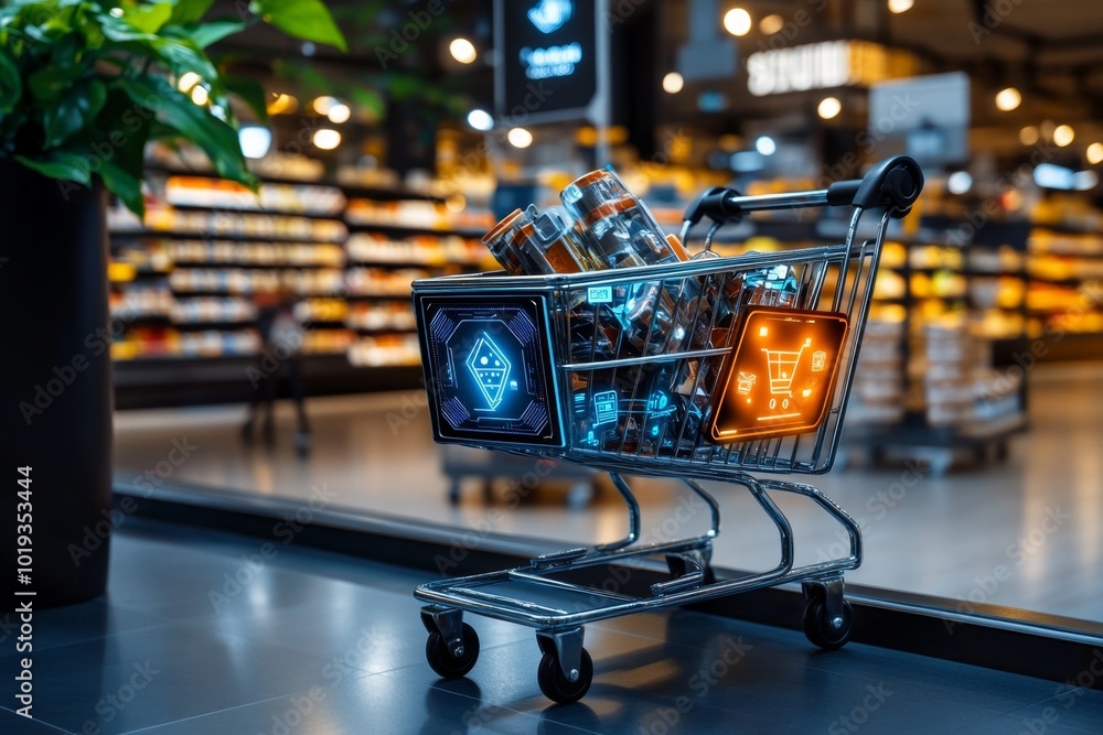 Futuristic depiction of a shopping cart in a high-tech store where ...