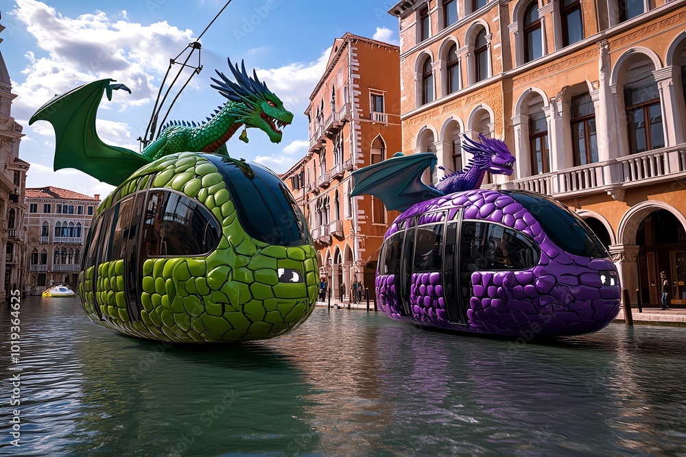 Fantasy depiction of public transport in a mythical city, where dragon ...