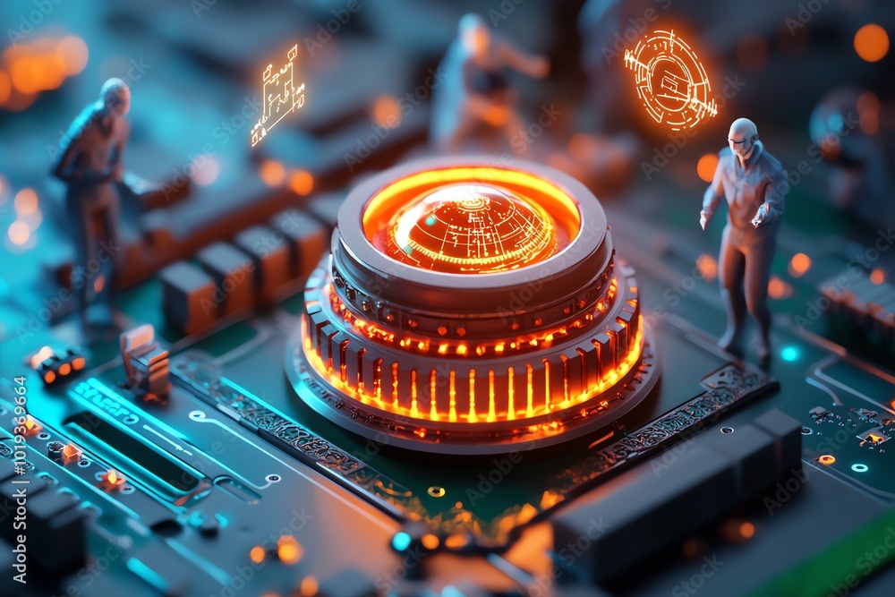 Fantasy scene of a glowing alien device being reverse engineered, with ...