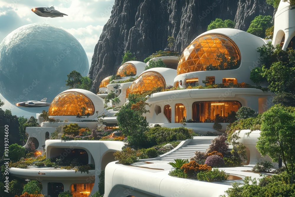 retrofuturistic space colony geodesic domes housing lush gardens sleek ...