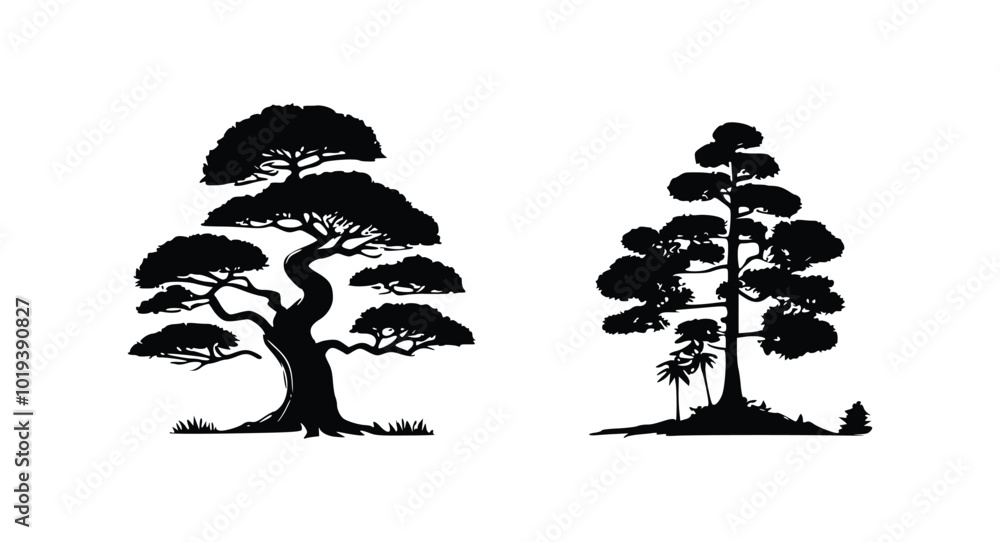 silhouette tree drawing set in white background, set of graphics trees ...