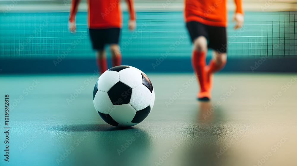 Football futsal player, ball, futsal floor. Sports background. Indoor ...