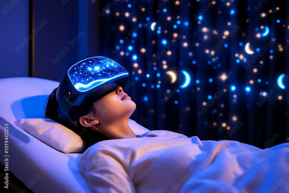 Futuristic scene of a person dreaming in a virtual reality bed, with ...