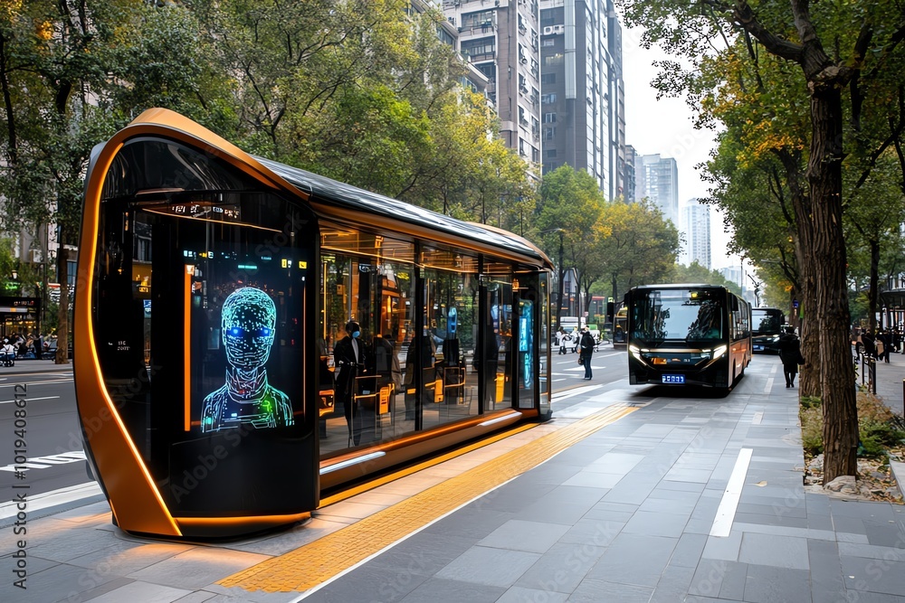 Futuristic urban bus stop with holographic displays and AI-driven buses ...