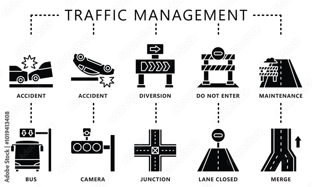 Traffic management glyph icons set. contain accident, barricade, road ...