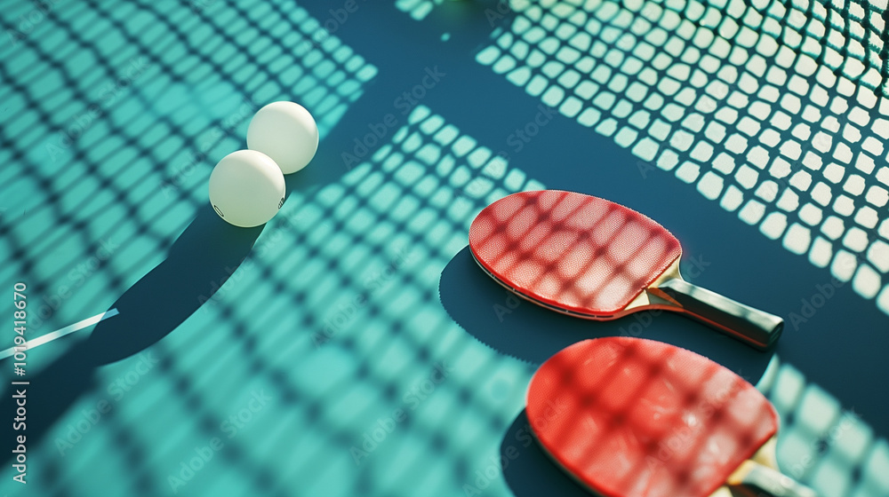 Red table tennis paddles and balls on a table casting shadows from the ...