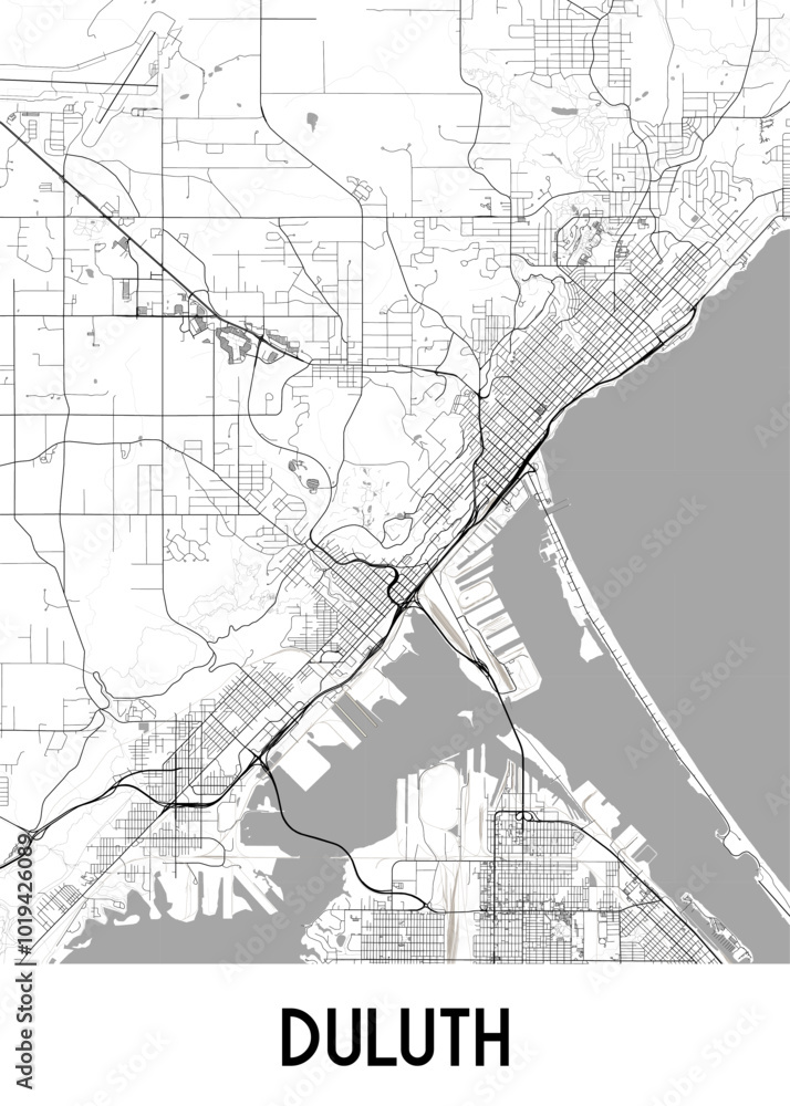 Map of Duluth, Minnesota. The map showcases the city's street network ...