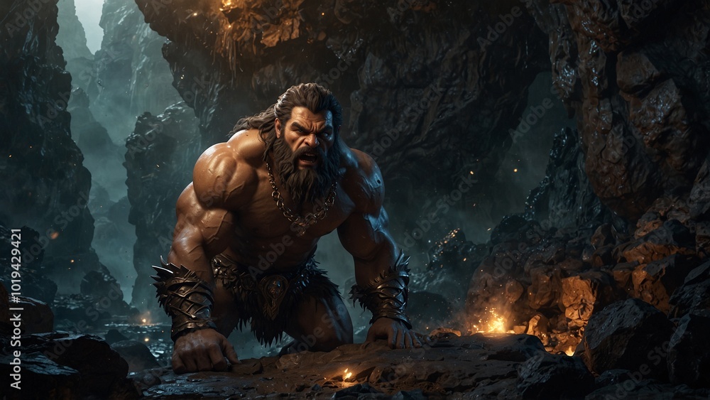 Portray Heracles battling a monster in a mountain cave, set against a ...