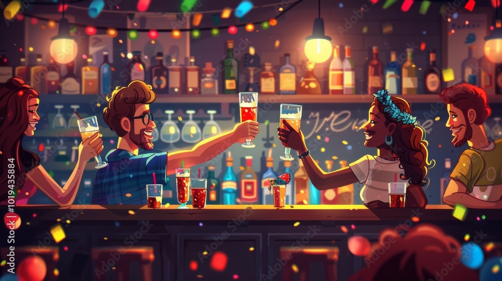 Cartoon vector A festive scene in a pub with friends clinking glasses ...