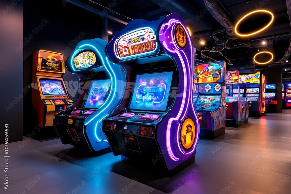 Fantasy scene of a retro arcade from the 1980s, with glowing neon signs ...