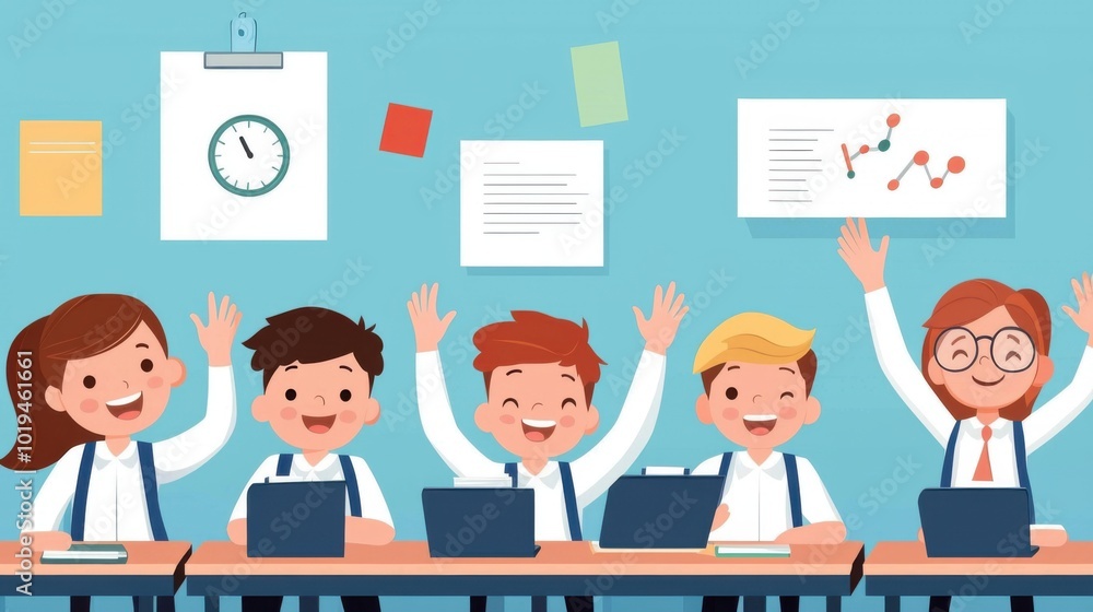 Students in a 2D flat cartoon style raising their hands to ask ...