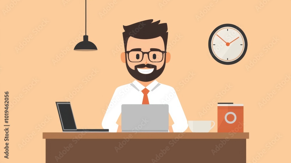 Cartoon-style office worker writing notes at a desk with a laptop and ...