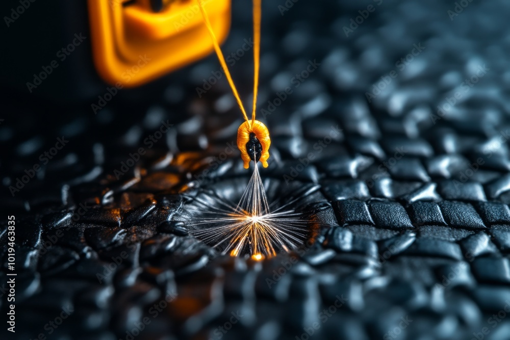 Hyper-realistic image of a single thread running through a complex ...