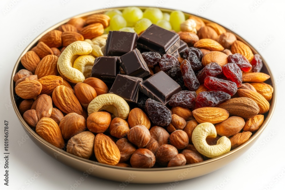 Realistic depiction of a variety of nuts, dried fruits, and dark ...