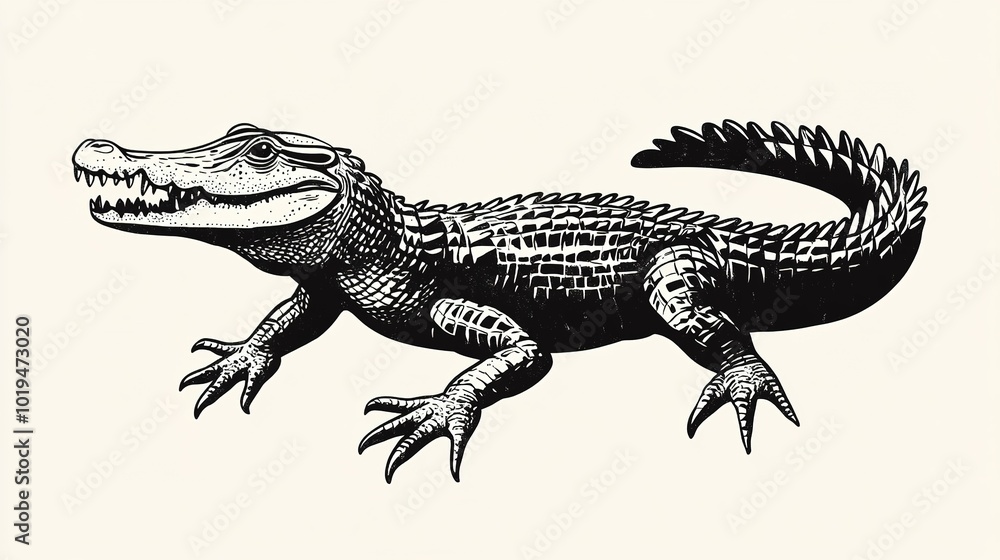 Minimalistic Black and White Illustration of a Stylized Crocodile with ...