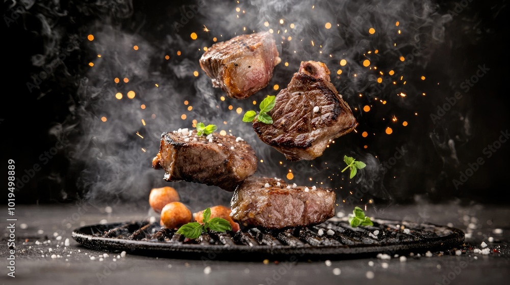 Fiery feast: steaks and meat suspended over grill, surrounded by sparks ...