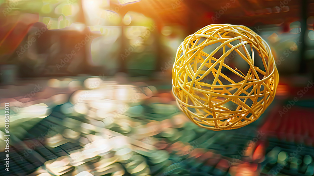 Sepak takraw ball in mid-air, bamboo-like pattern, bright sunlight ...