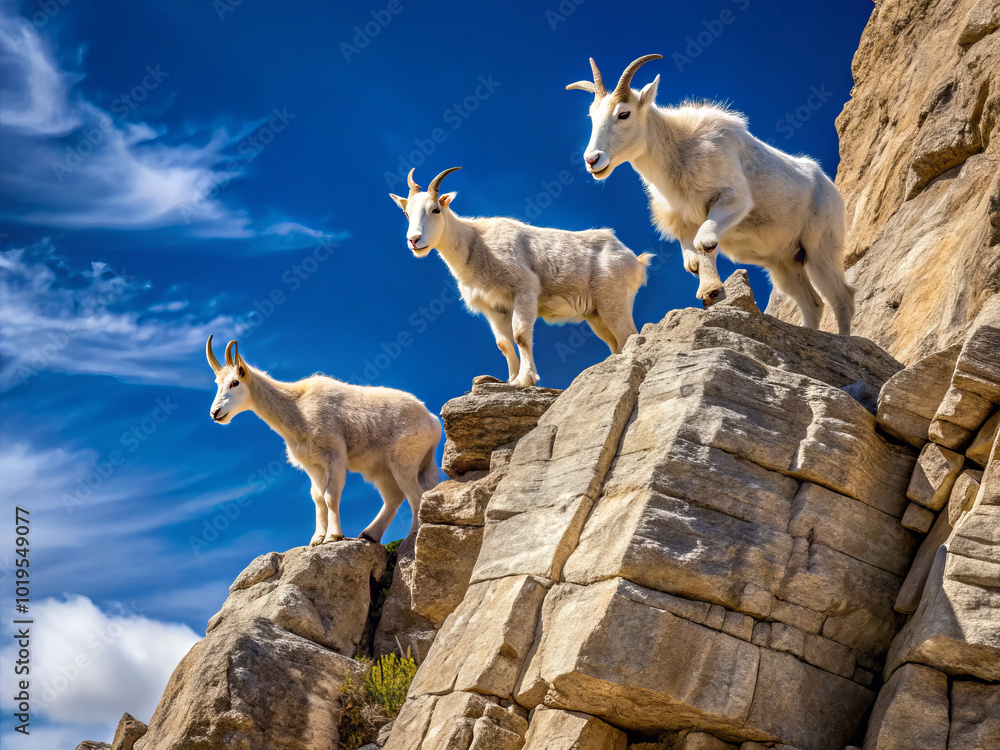 Agile mountain goats scaling bright rocky cliffs under clear blue sky ...
