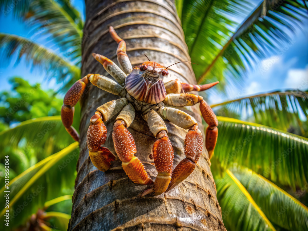 coconut crab climbs palm tree, showcasing its impressive size and ...