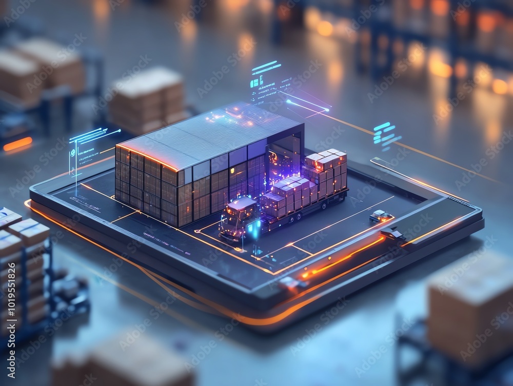 Automated warehouse with cargo containers and digital interfaces. Stock ...