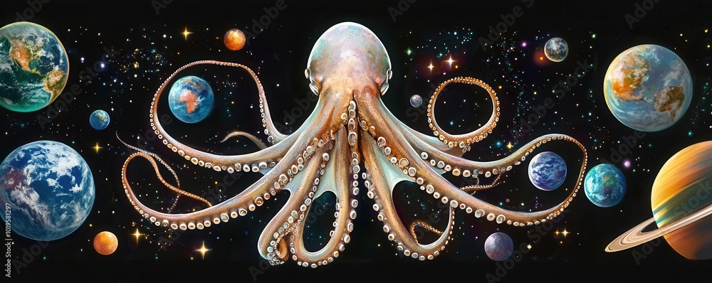 Squid and Planetary Cycles A squid surrounded by planets, representing ...