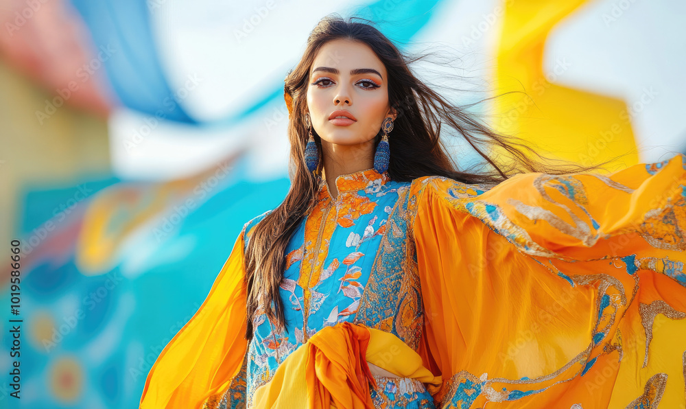 An enchanting photograph of an Arabic model girl striding down the ...