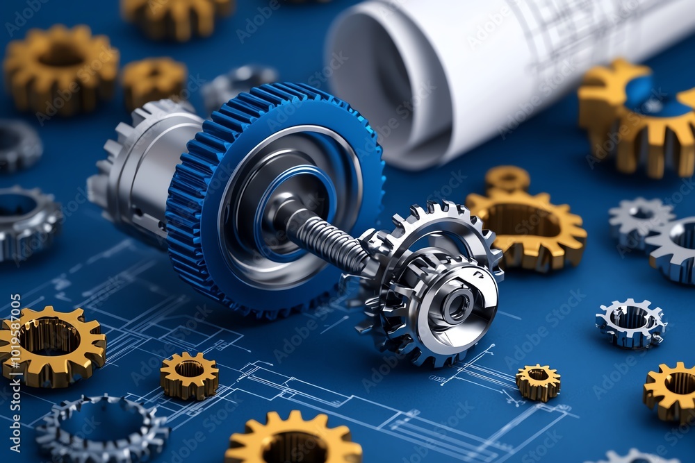 Simple minimalist icon of a blueprint and a mechanical part ...