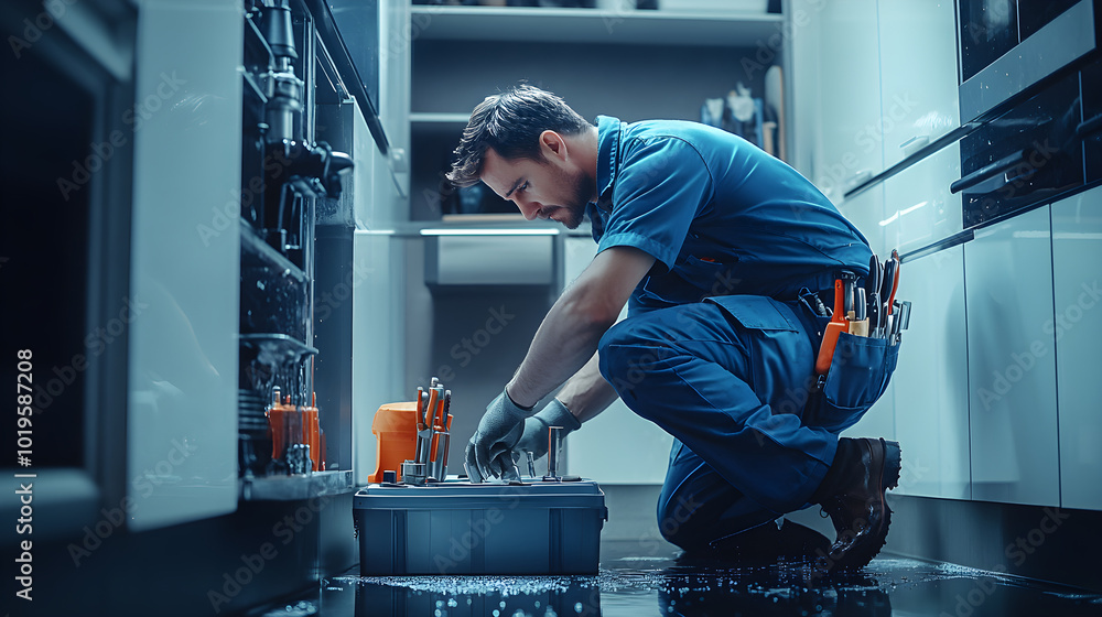 Professional Plumber Fixing a Kitchen Sink Leak in a Modern Kitchen ...