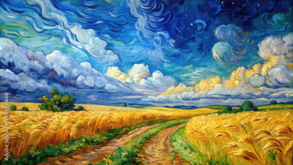 Vincent van Gogh inspired oil painting of a wheat field under a cloudy ...
