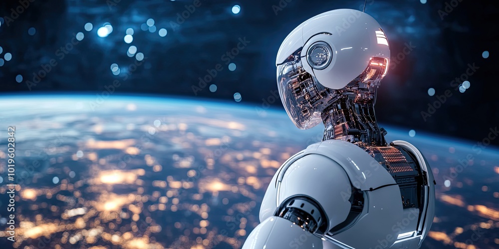 A futuristic AI robot with human-like features stands on the edge of ...