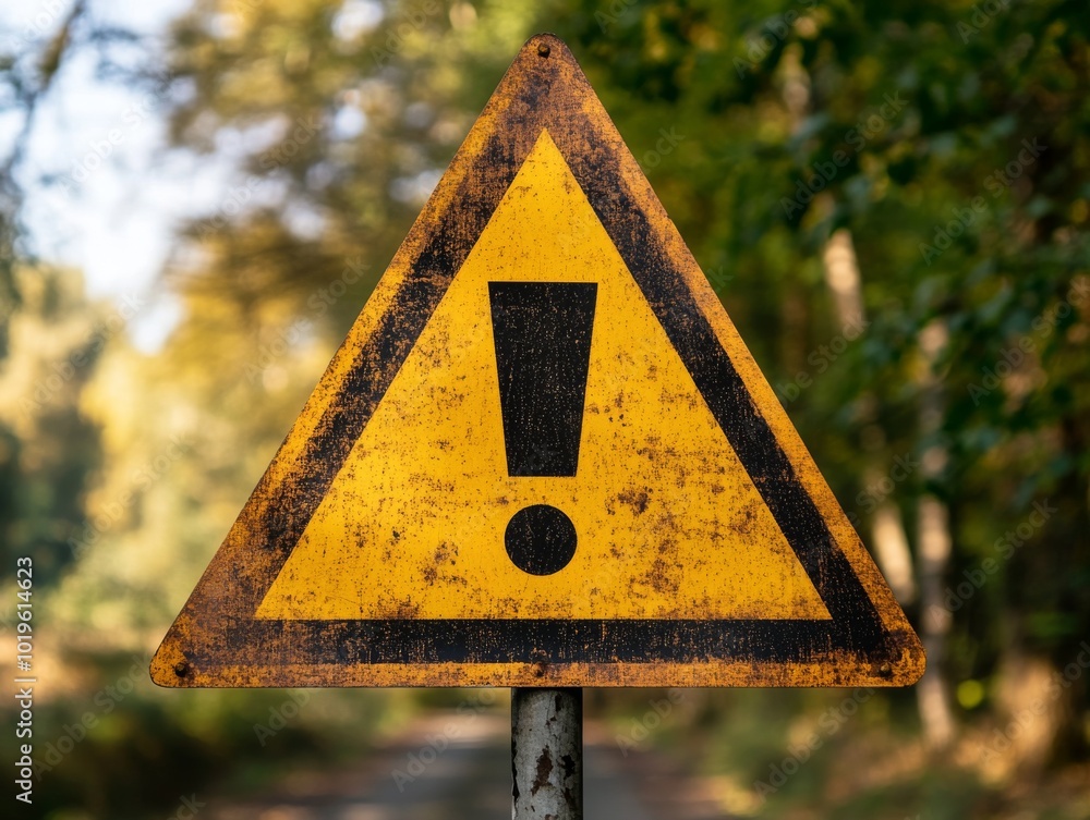 2408 24.A triangular road warning sign with a vibrant yellow background ...