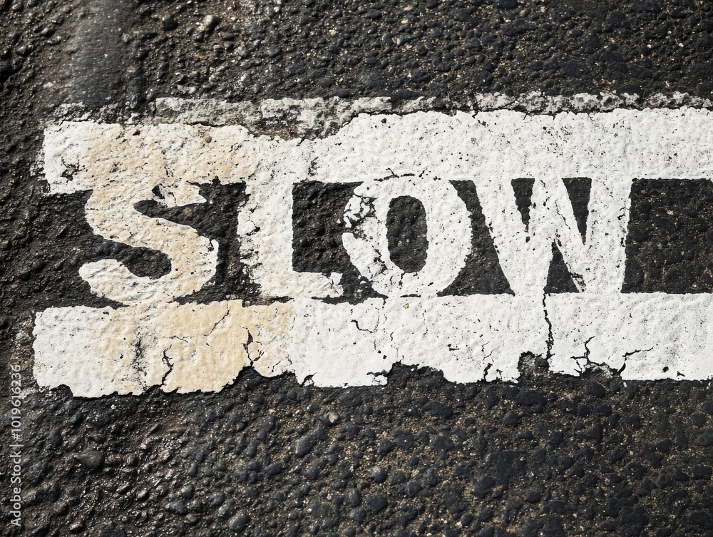 2408 67.A close-up of a bold white SLOW sign painted on a dark asphalt ...